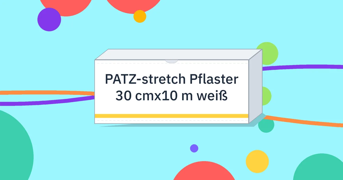 Symbolbild: Packung mit der Aufschrift PATZ-stretch Pflaster 30 cmx10 m weiß (PZN 06813477) – Verfügbarkeit und Bezug in Apotheken in Frankfurt am Main