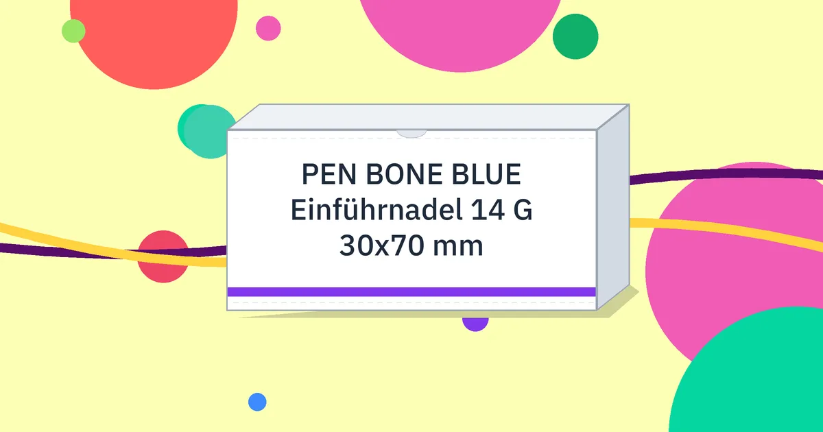 Symbolbild: Packung mit der Aufschrift PEN BONE BLUE Einführnadel 14 G 30x70 mm (PZN 16919797) – Verfügbarkeit und Bezug in Apotheken in Frankfurt am Main