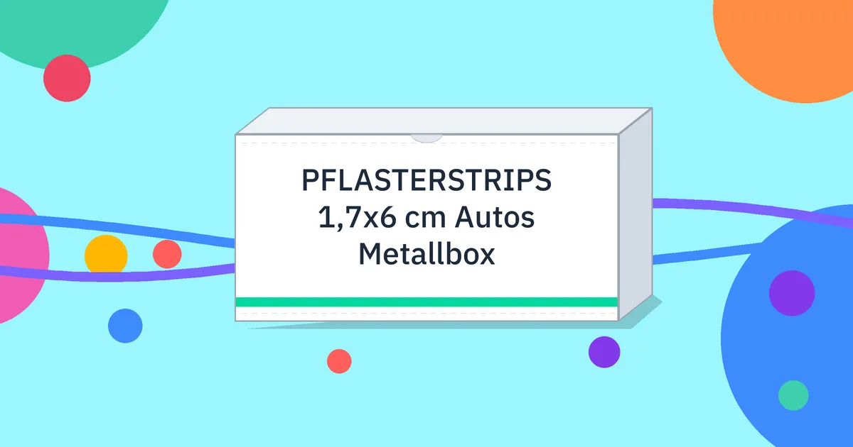 Symbolbild: Packung mit der Aufschrift PFLASTERSTRIPS 1,7x6 cm Autos Metallbox (PZN 16085369) – Verfügbarkeit und Bezug in Apotheken in Frankfurt am Main