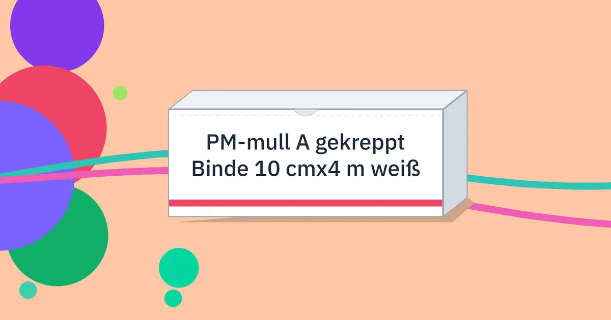 Symbolbild: Packung mit der Aufschrift PM-mull A gekreppt Binde 10 cmx4 m weiß (PZN 18845749) – Verfügbarkeit und Bezug in Apotheken in Frankfurt am Main