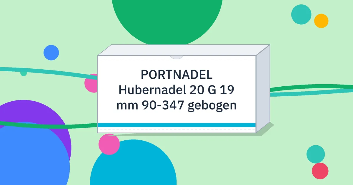 Symbolbild: Packung mit der Aufschrift PORTNADEL Hubernadel 20 G 19 mm 90-347 gebogen (PZN 02756759) – Verfügbarkeit und Bezug in Apotheken in Frankfurt am Main