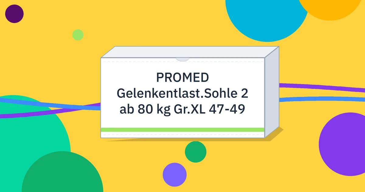 Symbolbild: Packung mit der Aufschrift PROMED Gelenkentlast.Sohle 2 ab 80 kg Gr.XL 47-49 (PZN 07300739) – Verfügbarkeit und Bezug in Apotheken in Frankfurt am Main