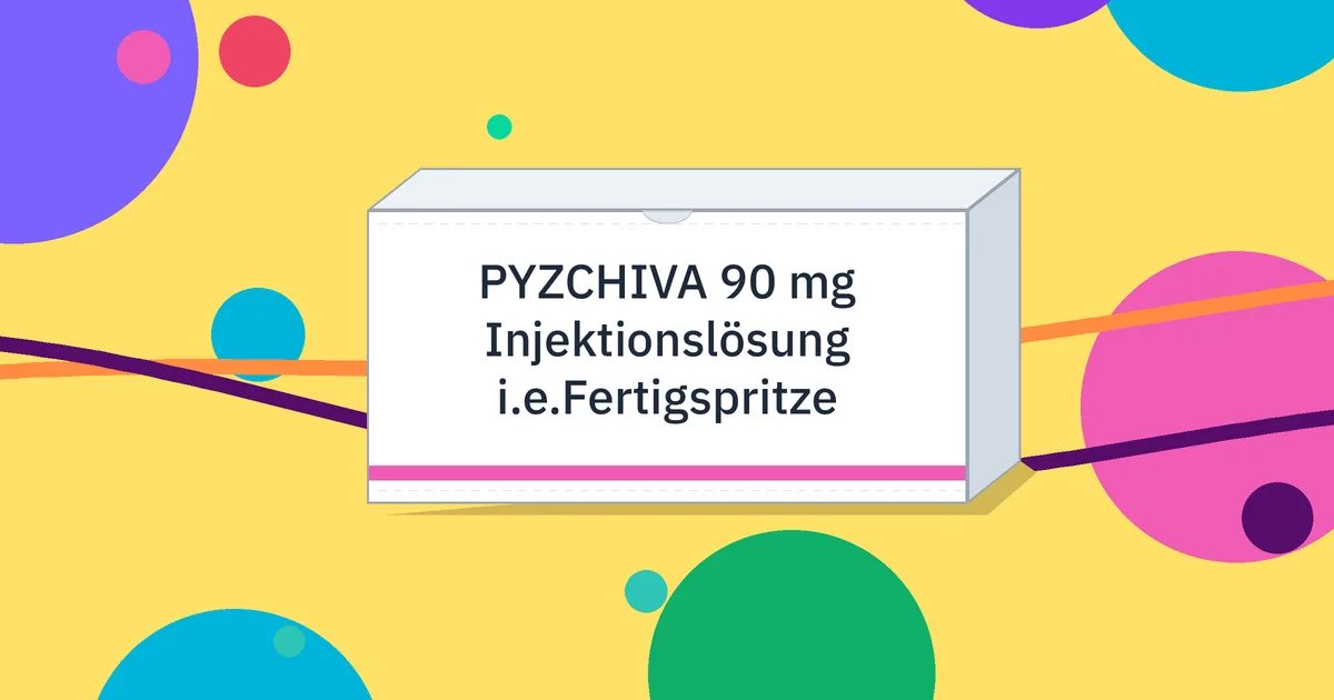 Symbolbild: Packung mit der Aufschrift PYZCHIVA 90 mg Injektionslösung i.e.Fertigspritze (PZN 19542927) – Verfügbarkeit und Bezug in Apotheken in Frankfurt am Main