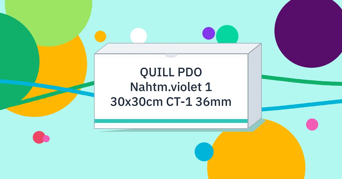Symbolbild: Packung mit der Aufschrift QUILL PDO Nahtm.violet 1 30x30cm CT-1 36mm (PZN 17989653) – Verfügbarkeit und Bezug in Apotheken in Frankfurt am Main