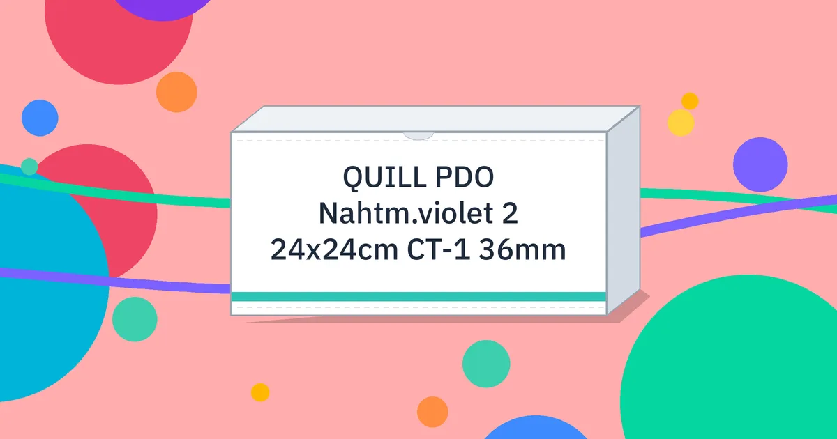 Symbolbild: Packung mit der Aufschrift QUILL PDO Nahtm.violet 2 24x24cm CT-1 36mm (PZN 17989860) – Verfügbarkeit und Bezug in Apotheken in Frankfurt am Main