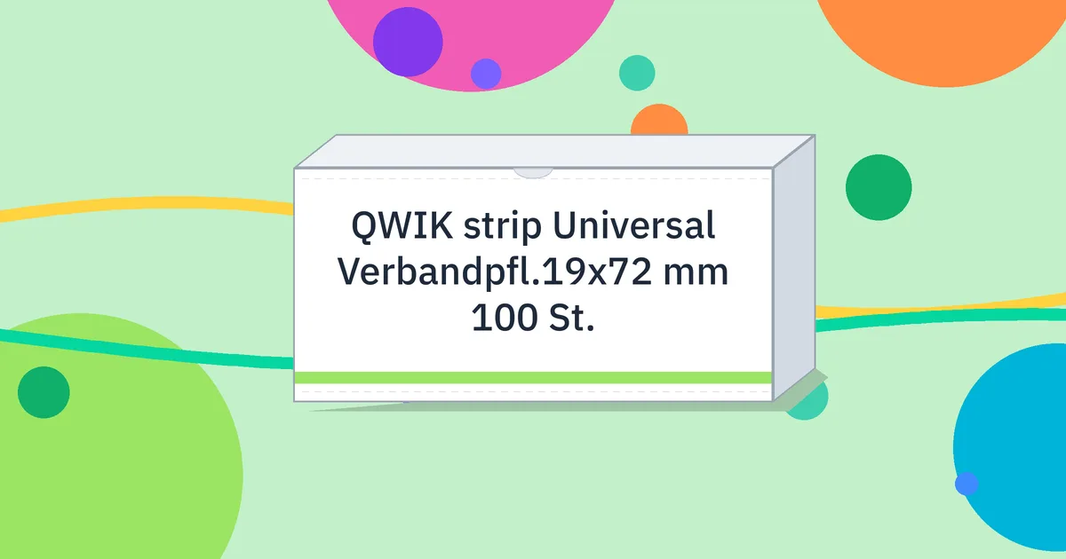 Symbolbild: Packung mit der Aufschrift QWIK strip Universal Verbandpfl.19x72 mm 100 St. (PZN 04941604) – Verfügbarkeit und Bezug in Apotheken in Frankfurt am Main