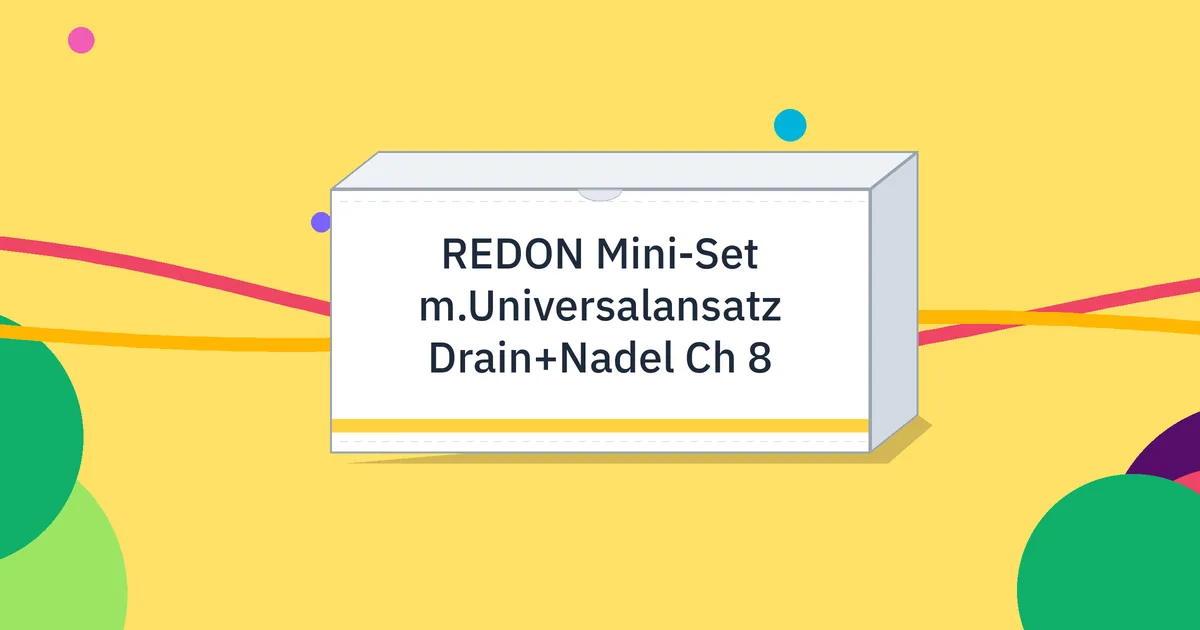 Symbolbild: Packung mit der Aufschrift REDON Mini-Set m.Universalansatz Drain+Nadel Ch 8 (PZN 07697406) – Verfügbarkeit und Bezug in Apotheken in Frankfurt am Main