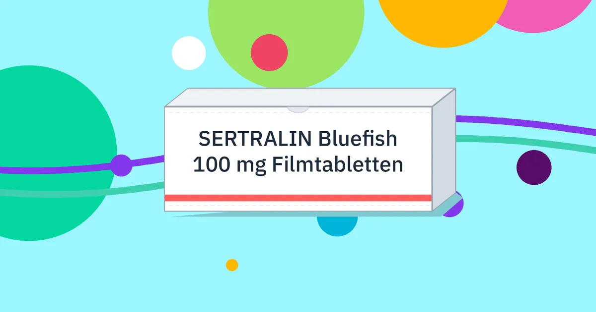 Symbolbild: Packung mit der Aufschrift SERTRALIN Bluefish 100 mg Filmtabletten (PZN 03628644) – Verfügbarkeit und Bezug in Apotheken in Frankfurt am Main