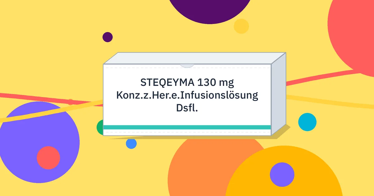 Symbolbild: Packung mit der Aufschrift STEQEYMA 130 mg Konz.z.Her.e.Infusionslösung Dsfl. (PZN 19848394) – Verfügbarkeit und Bezug in Apotheken in Frankfurt am Main