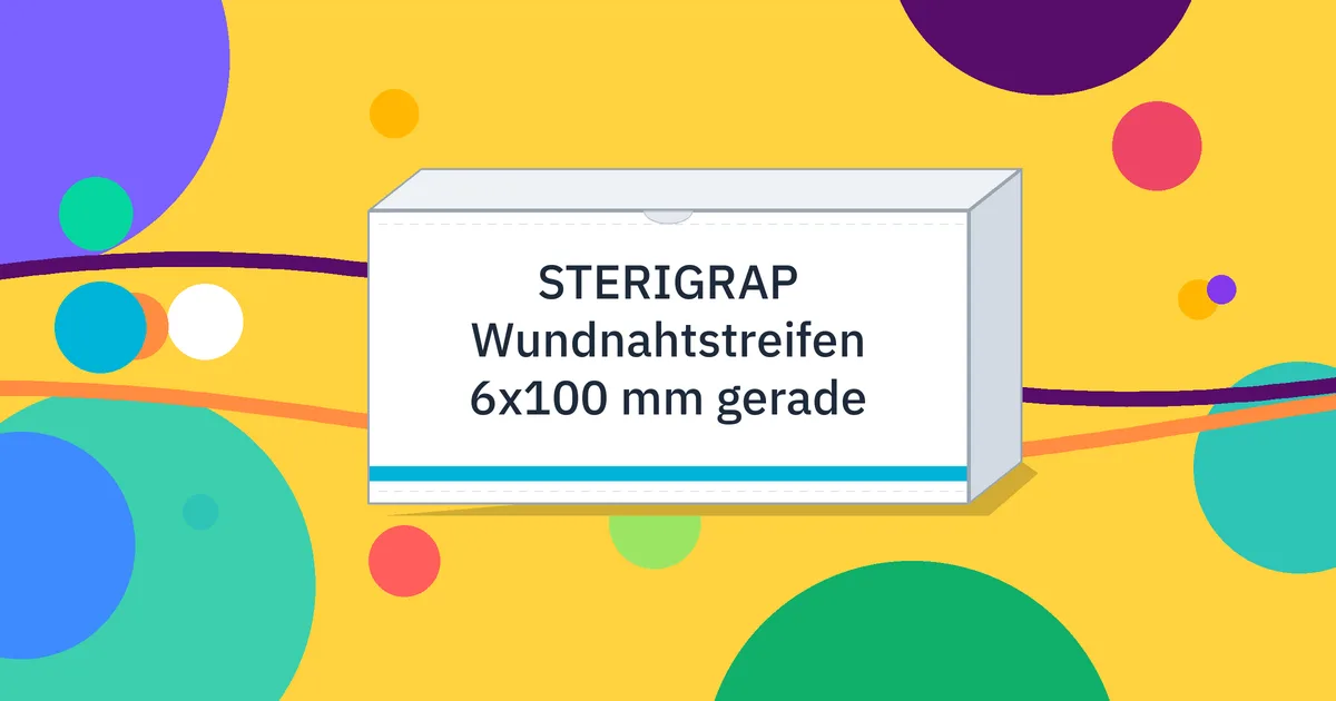 Symbolbild: Packung mit der Aufschrift STERIGRAP Wundnahtstreifen 6x100 mm gerade (PZN 17413048) – Verfügbarkeit und Bezug in Apotheken in Frankfurt am Main