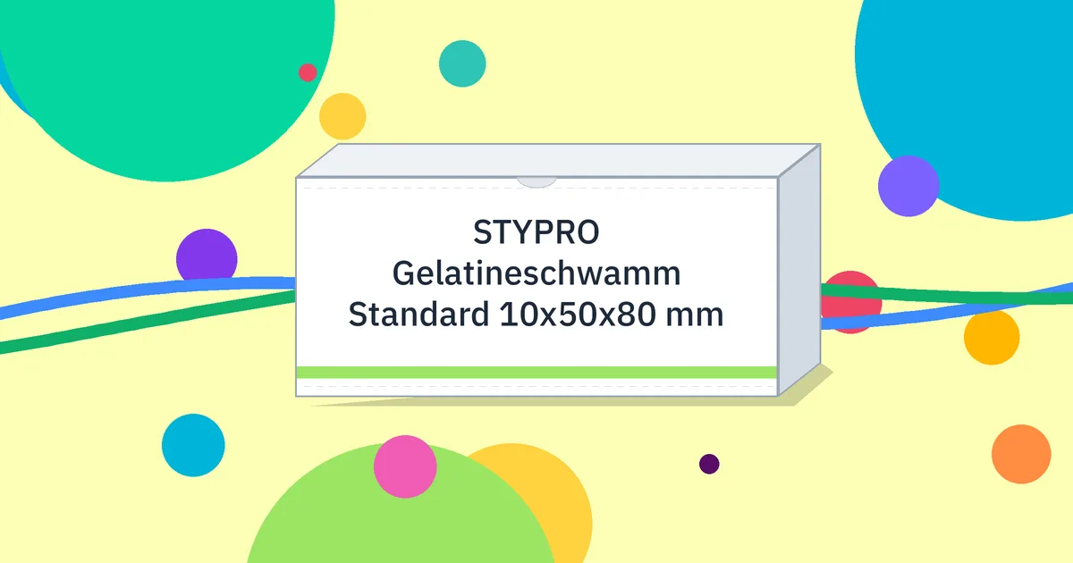 Symbolbild: Packung mit der Aufschrift STYPRO Gelatineschwamm Standard 10x50x80 mm (PZN 00104194) – Verfügbarkeit und Bezug in Apotheken in Frankfurt am Main