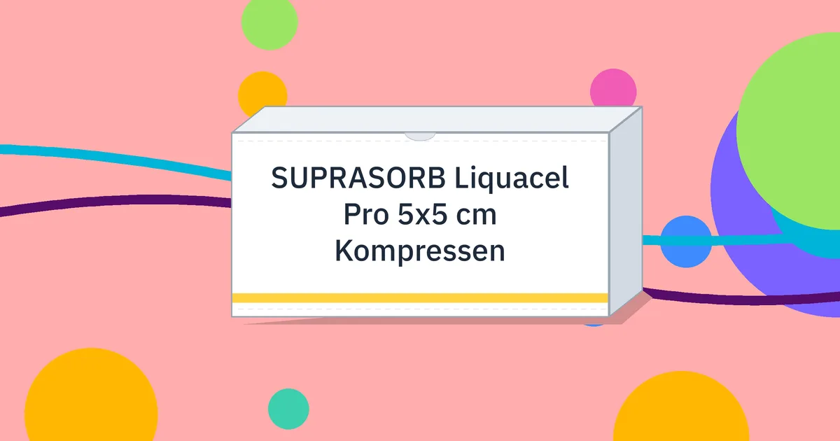 Symbolbild: Packung mit der Aufschrift SUPRASORB Liquacel Pro 5x5 cm Kompressen (PZN 20195253) – Verfügbarkeit und Bezug in Apotheken in Frankfurt am Main