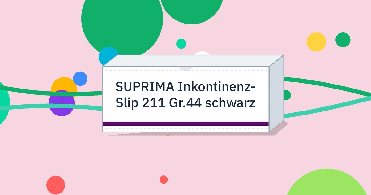 Symbolbild: Packung mit der Aufschrift SUPRIMA Inkontinenz-Slip 211 Gr.44 schwarz (PZN 00709106) – Verfügbarkeit und Bezug in Apotheken in Frankfurt am Main