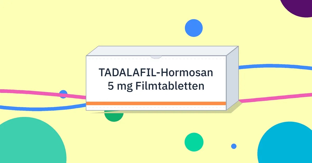 Symbolbild: Packung mit der Aufschrift TADALAFIL-Hormosan 5 mg Filmtabletten (PZN 16834090) – Verfügbarkeit und Bezug in Apotheken in Frankfurt am Main