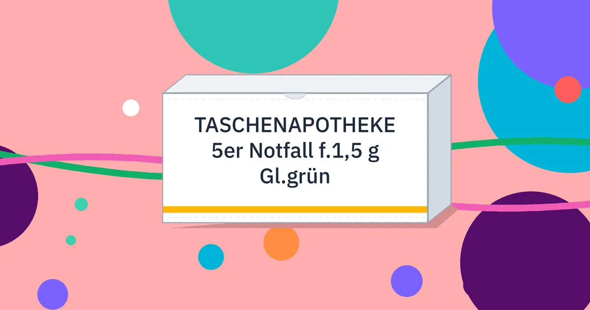 Symbolbild: Packung mit der Aufschrift TASCHENAPOTHEKE 5er Notfall f.1,5 g Gl.grün (PZN 01893448) – Verfügbarkeit und Bezug in Apotheken in Frankfurt am Main
