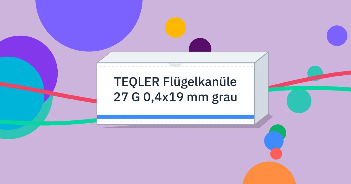 Symbolbild: Packung mit der Aufschrift TEQLER Flügelkanüle 27 G 0,4x19 mm grau (PZN 17453728) – Verfügbarkeit und Bezug in Apotheken in Frankfurt am Main