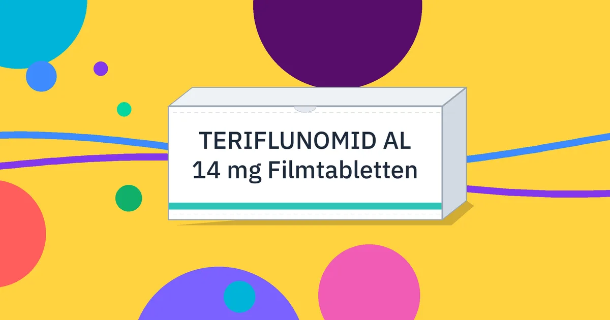 Symbolbild: Packung mit der Aufschrift TERIFLUNOMID AL 14 mg Filmtabletten (PZN 18886659) – Verfügbarkeit und Bezug in Apotheken in Frankfurt am Main