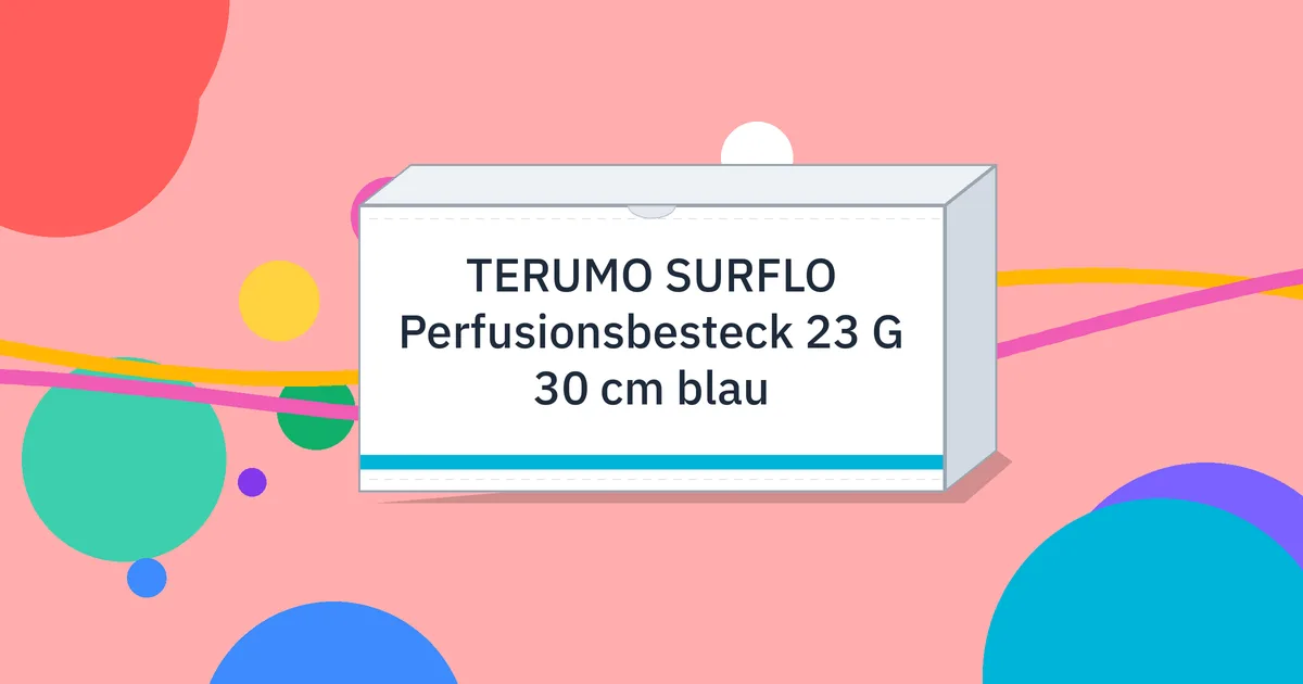 Symbolbild: Packung mit der Aufschrift TERUMO SURFLO Perfusionsbesteck 23 G 30 cm blau (PZN 09897954) – Verfügbarkeit und Bezug in Apotheken in Frankfurt am Main