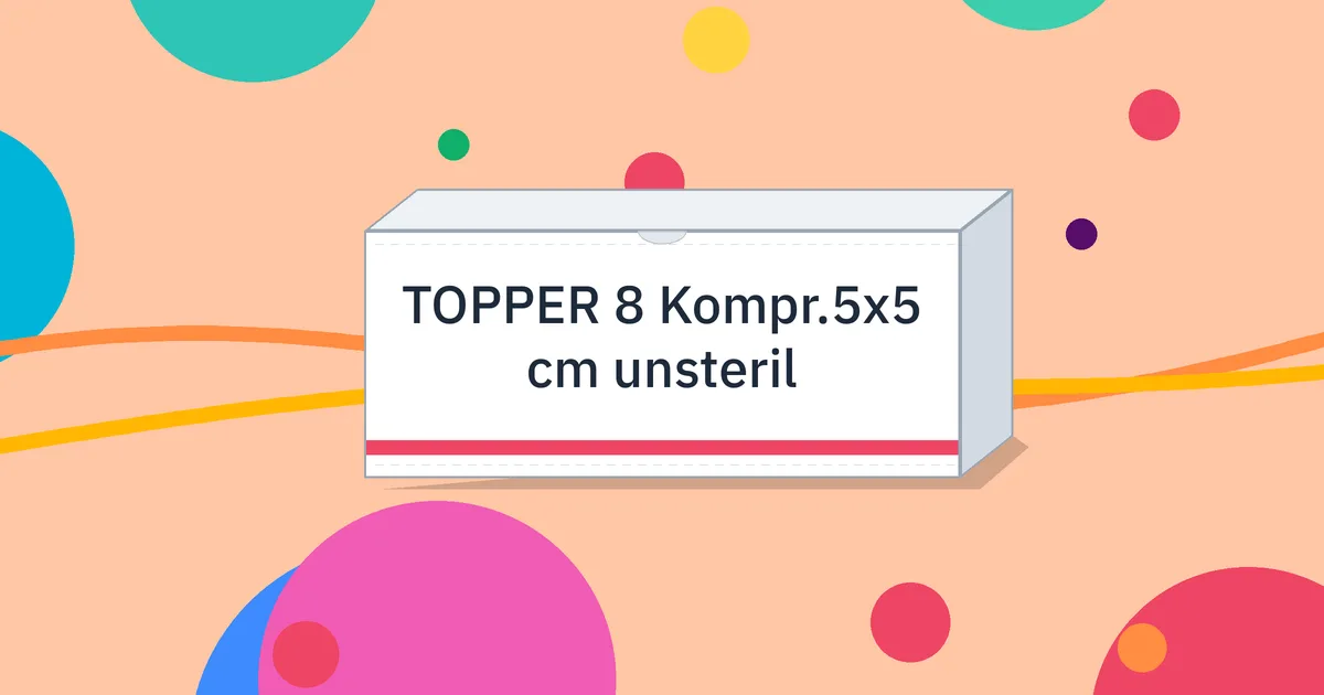 Symbolbild: Packung mit der Aufschrift TOPPER 8 Kompr.5x5 cm unsteril (PZN 01341016) – Verfügbarkeit und Bezug in Apotheken in Frankfurt am Main
