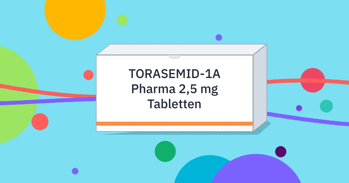 Symbolbild: Packung mit der Aufschrift TORASEMID-1A Pharma 2,5 mg Tabletten (PZN 00773854) – Verfügbarkeit und Bezug in Apotheken in Frankfurt am Main