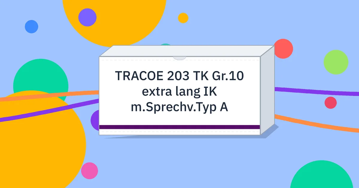 Symbolbild: Packung mit der Aufschrift TRACOE 203 TK Gr.10 extra lang IK m.Sprechv.Typ A (PZN 02719008) – Verfügbarkeit und Bezug in Apotheken in Frankfurt am Main