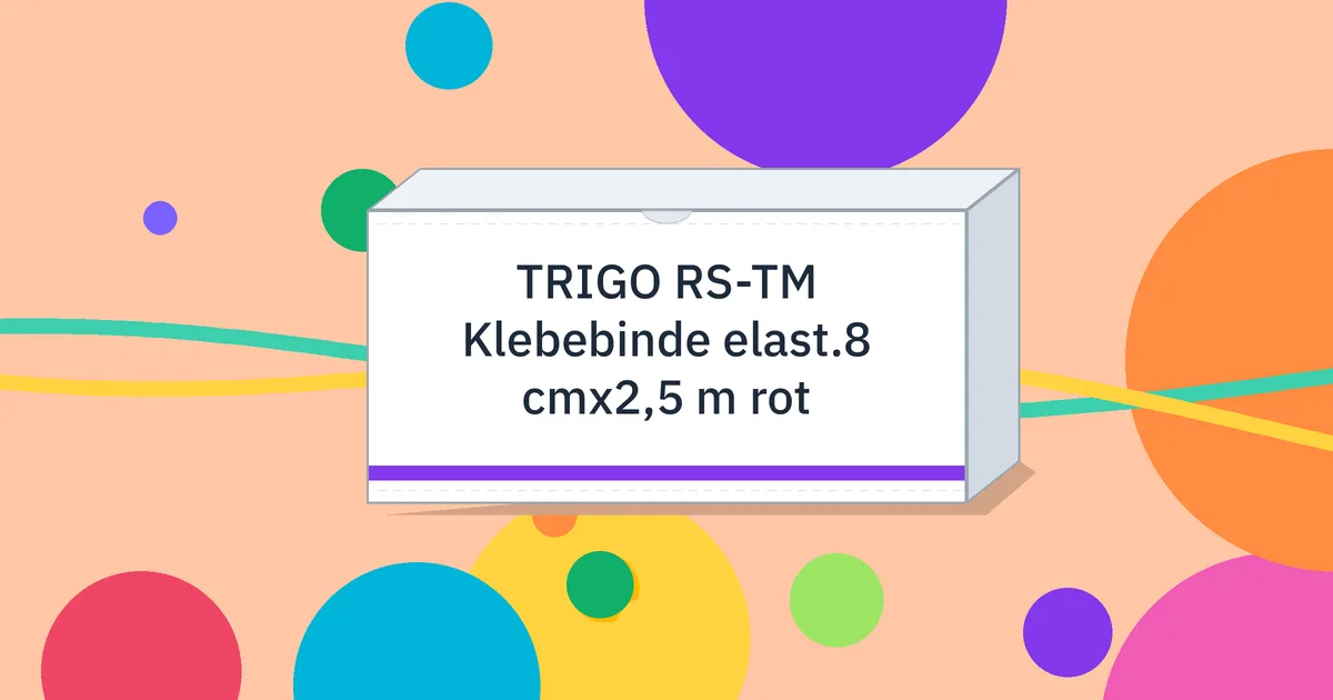 Symbolbild: Packung mit der Aufschrift TRIGO RS-TM Klebebinde elast.8 cmx2,5 m rot (PZN 20342889) – Verfügbarkeit und Bezug in Apotheken in Frankfurt am Main