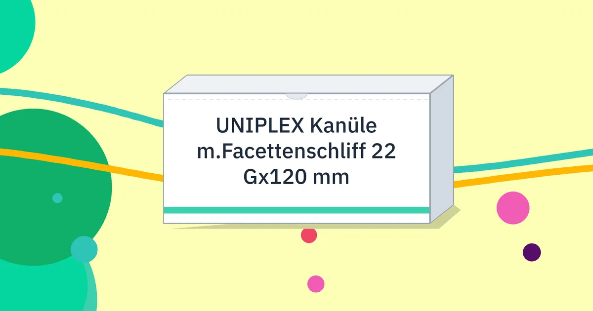 Symbolbild: Packung mit der Aufschrift UNIPLEX Kanüle m.Facettenschliff 22 Gx120 mm (PZN 03944629) – Verfügbarkeit und Bezug in Apotheken in Frankfurt am Main