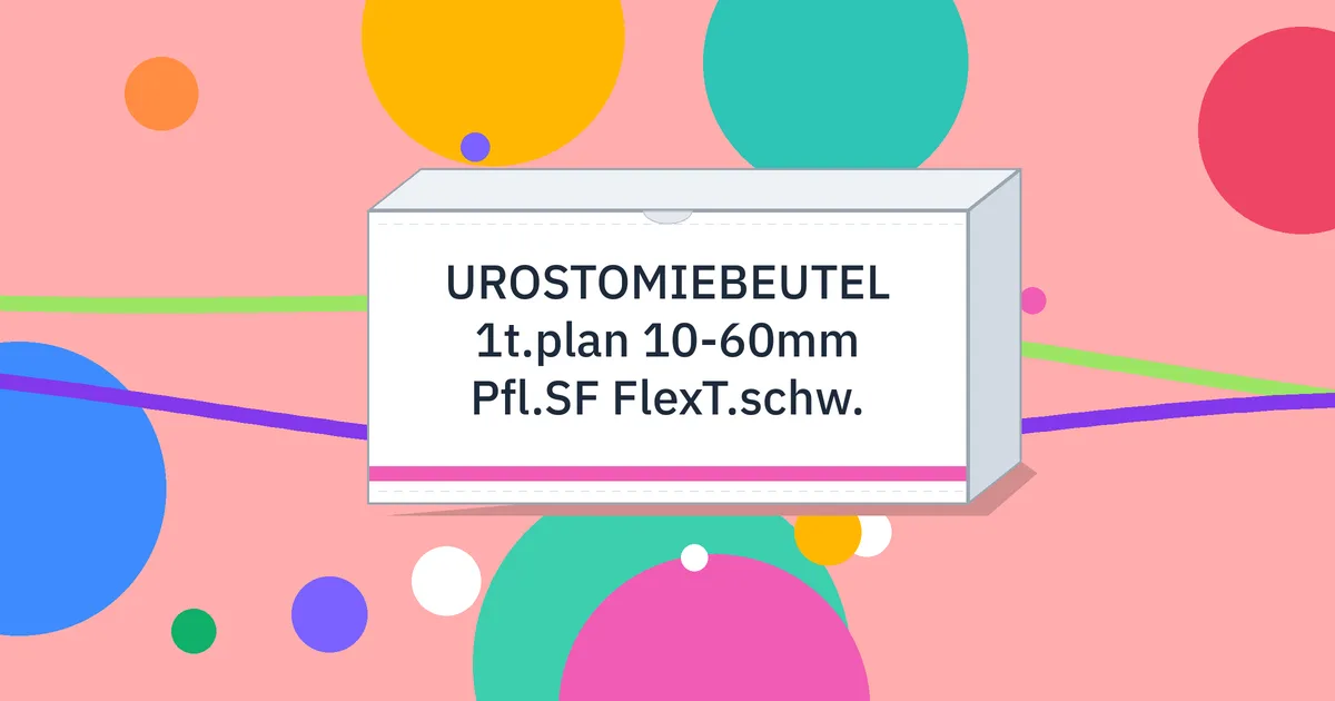 Symbolbild: Packung mit der Aufschrift UROSTOMIEBEUTEL 1t.plan 10-60mm Pfl.SF FlexT.schw. (PZN 18424114) – Verfügbarkeit und Bezug in Apotheken in Frankfurt am Main