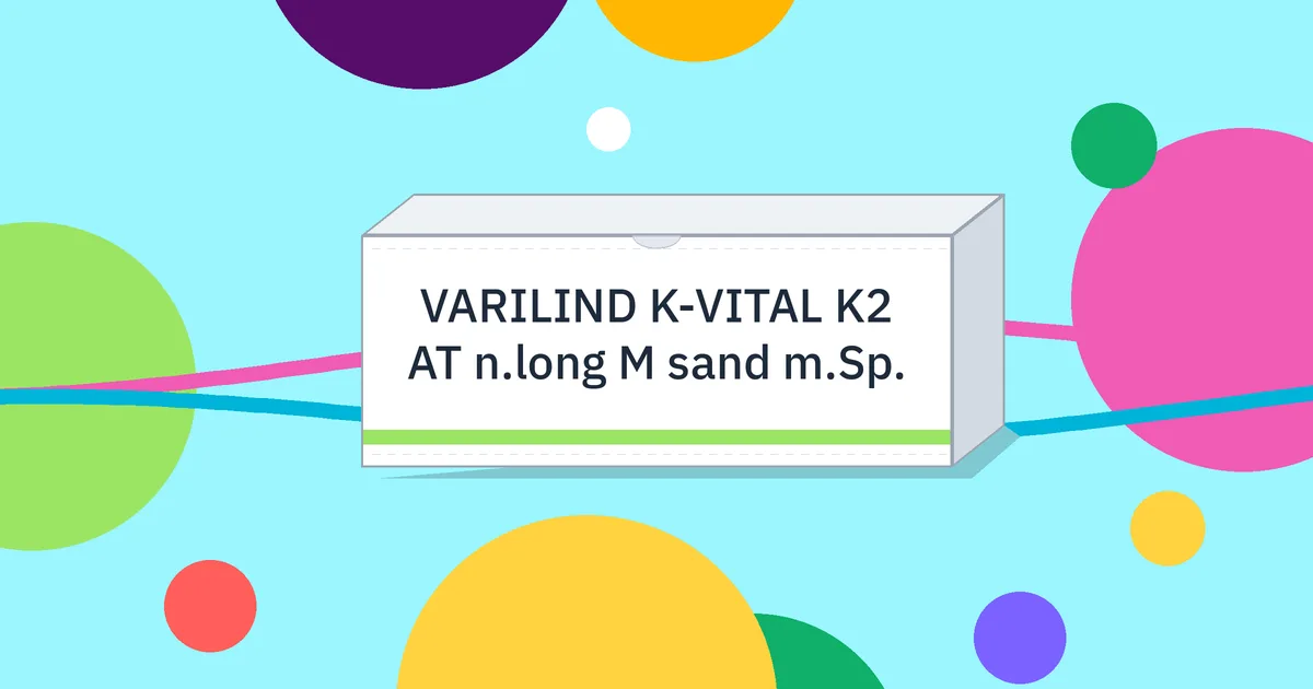 Symbolbild: Packung mit der Aufschrift VARILIND K-VITAL K2 AT n.long M sand m.Sp. (PZN 20561143) – Verfügbarkeit und Bezug in Apotheken in Frankfurt am Main