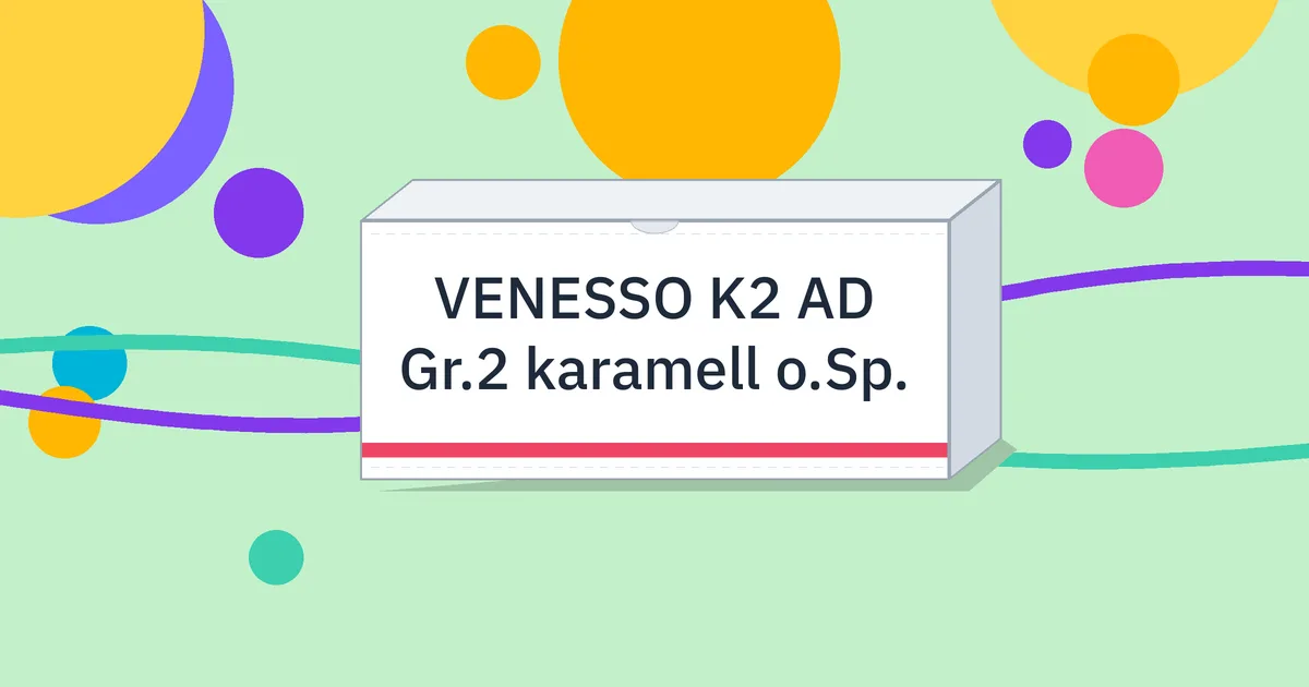 Symbolbild: Packung mit der Aufschrift VENESSO K2 AD Gr.2 karamell o.Sp. (PZN 13758129) – Verfügbarkeit und Bezug in Apotheken in Frankfurt am Main