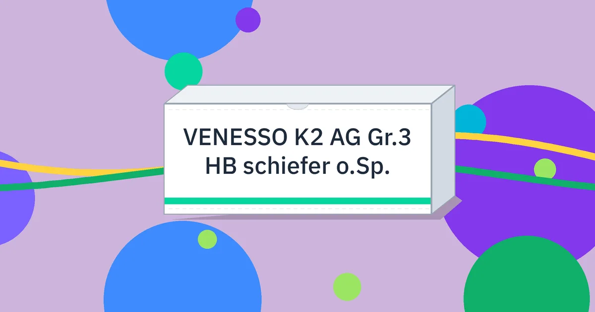 Symbolbild: Packung mit der Aufschrift VENESSO K2 AG Gr.3 HB schiefer o.Sp. (PZN 03265584) – Verfügbarkeit und Bezug in Apotheken in Frankfurt am Main