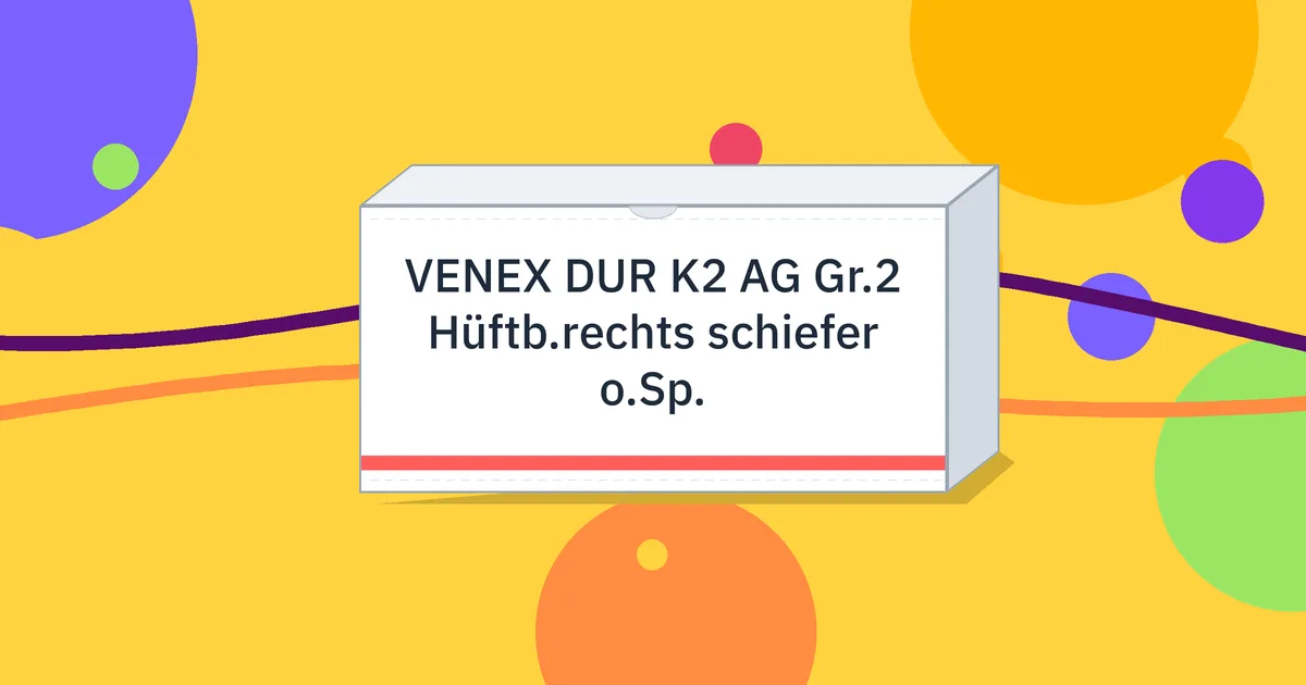 Symbolbild: Packung mit der Aufschrift VENEX DUR K2 AG Gr.2 Hüftb.rechts schiefer o.Sp. (PZN 03232900) – Verfügbarkeit und Bezug in Apotheken in Frankfurt am Main