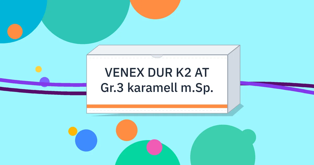 Symbolbild: Packung mit der Aufschrift VENEX DUR K2 AT Gr.3 karamell m.Sp. (PZN 13757905) – Verfügbarkeit und Bezug in Apotheken in Frankfurt am Main