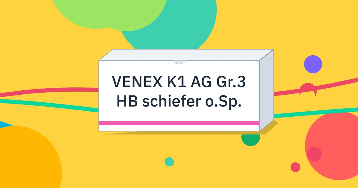 Symbolbild: Packung mit der Aufschrift VENEX K1 AG Gr.3 HB schiefer o.Sp. (PZN 03193962) – Verfügbarkeit und Bezug in Apotheken in Frankfurt am Main