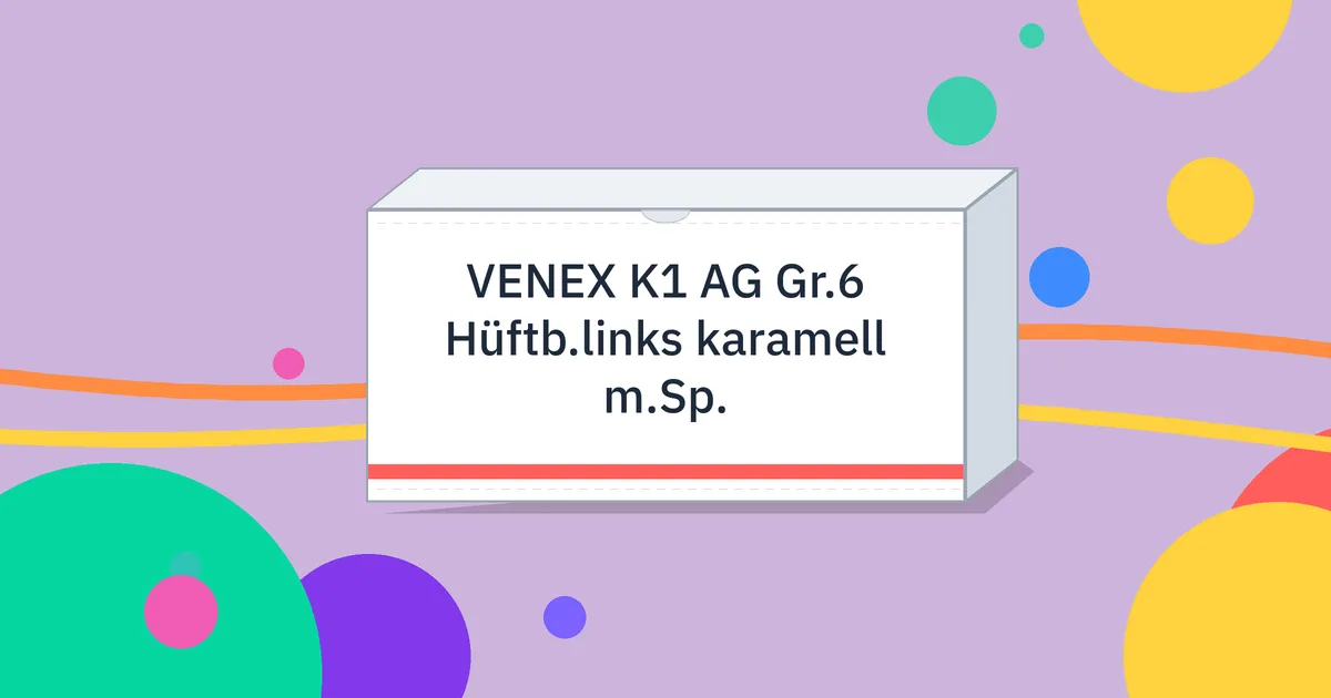 Symbolbild: Packung mit der Aufschrift VENEX K1 AG Gr.6 Hüftb.links karamell m.Sp. (PZN 13760965) – Verfügbarkeit und Bezug in Apotheken in Frankfurt am Main