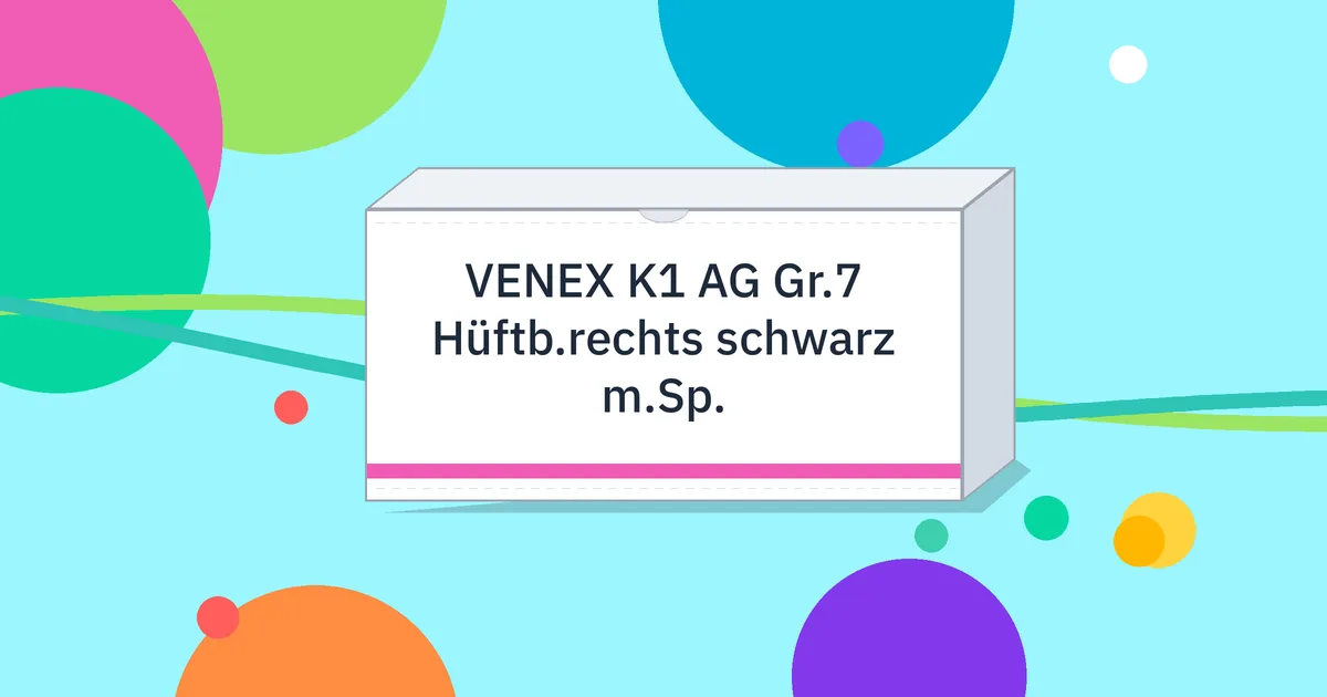 Symbolbild: Packung mit der Aufschrift VENEX K1 AG Gr.7 Hüftb.rechts schwarz m.Sp. (PZN 03204482) – Verfügbarkeit und Bezug in Apotheken in Frankfurt am Main