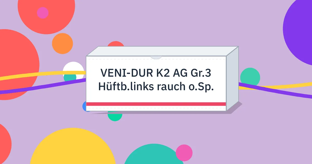 Symbolbild: Packung mit der Aufschrift VENI-DUR K2 AG Gr.3 Hüftb.links rauch o.Sp. (PZN 03253167) – Verfügbarkeit und Bezug in Apotheken in Frankfurt am Main