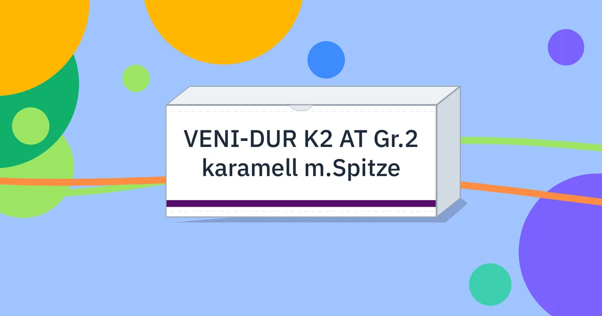 Symbolbild: Packung mit der Aufschrift VENI-DUR K2 AT Gr.2 karamell m.Spitze (PZN 13756969) – Verfügbarkeit und Bezug in Apotheken in Frankfurt am Main