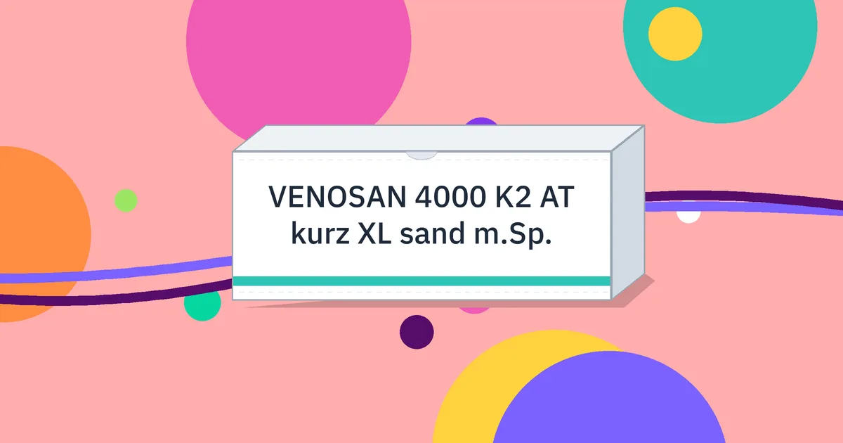 Symbolbild: Packung mit der Aufschrift VENOSAN 4000 K2 AT kurz XL sand m.Sp. (PZN 14422590) – Verfügbarkeit und Bezug in Apotheken in Frankfurt am Main