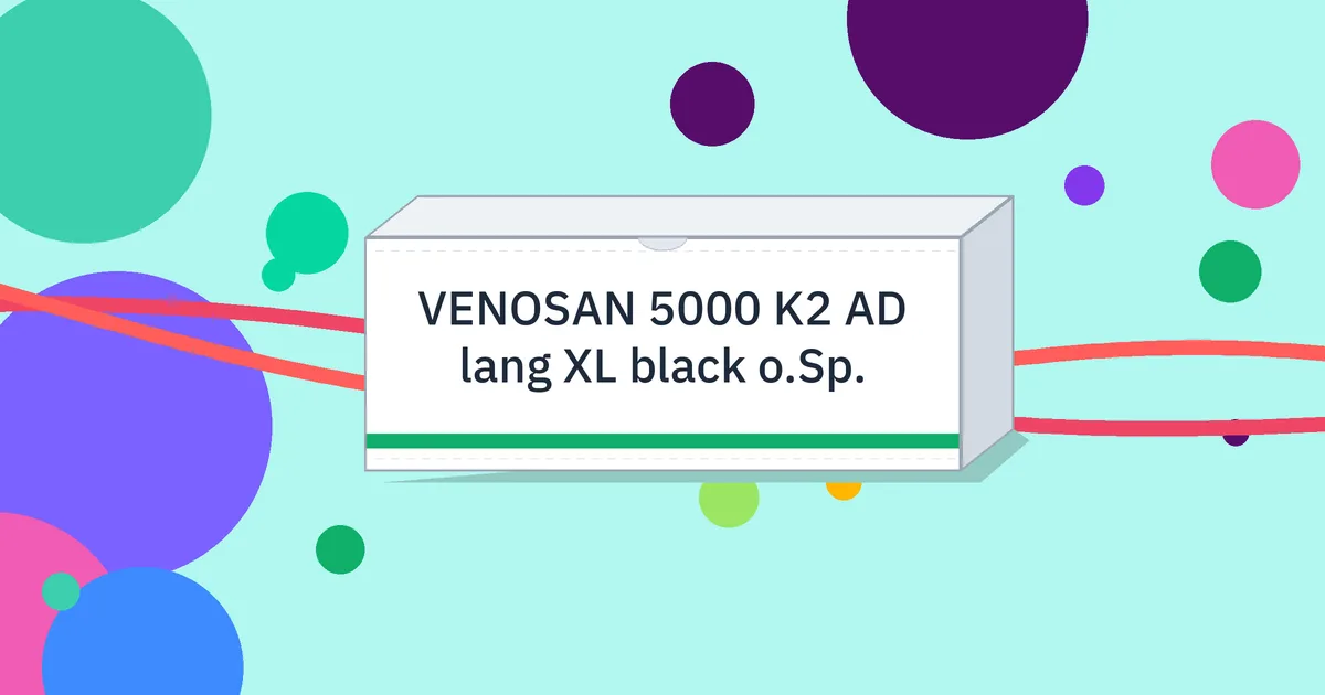 Symbolbild: Packung mit der Aufschrift VENOSAN 5000 K2 AD lang XL black o.Sp. (PZN 14433091) – Verfügbarkeit und Bezug in Apotheken in Frankfurt am Main