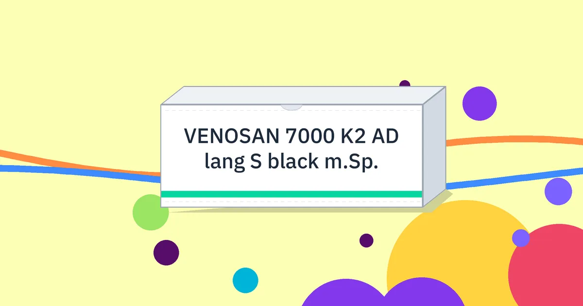 Symbolbild: Packung mit der Aufschrift VENOSAN 7000 K2 AD lang S black m.Sp. (PZN 14435569) – Verfügbarkeit und Bezug in Apotheken in Frankfurt am Main