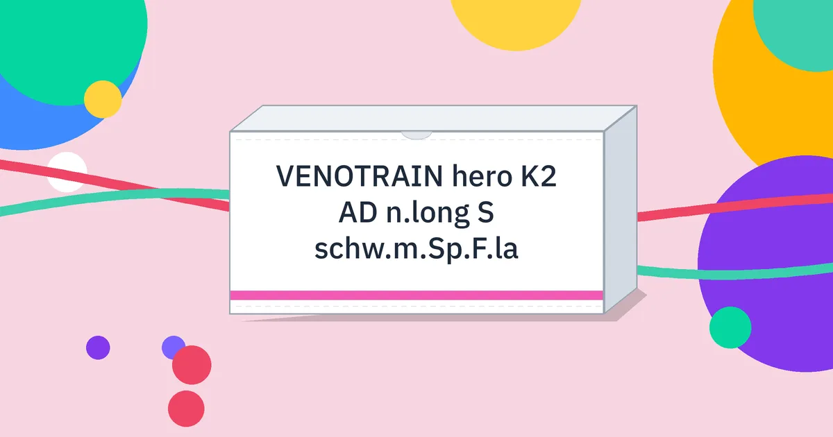 Symbolbild: Packung mit der Aufschrift VENOTRAIN hero K2 AD n.long S schw.m.Sp.F.la (PZN 19189891) – Verfügbarkeit und Bezug in Apotheken in Frankfurt am Main
