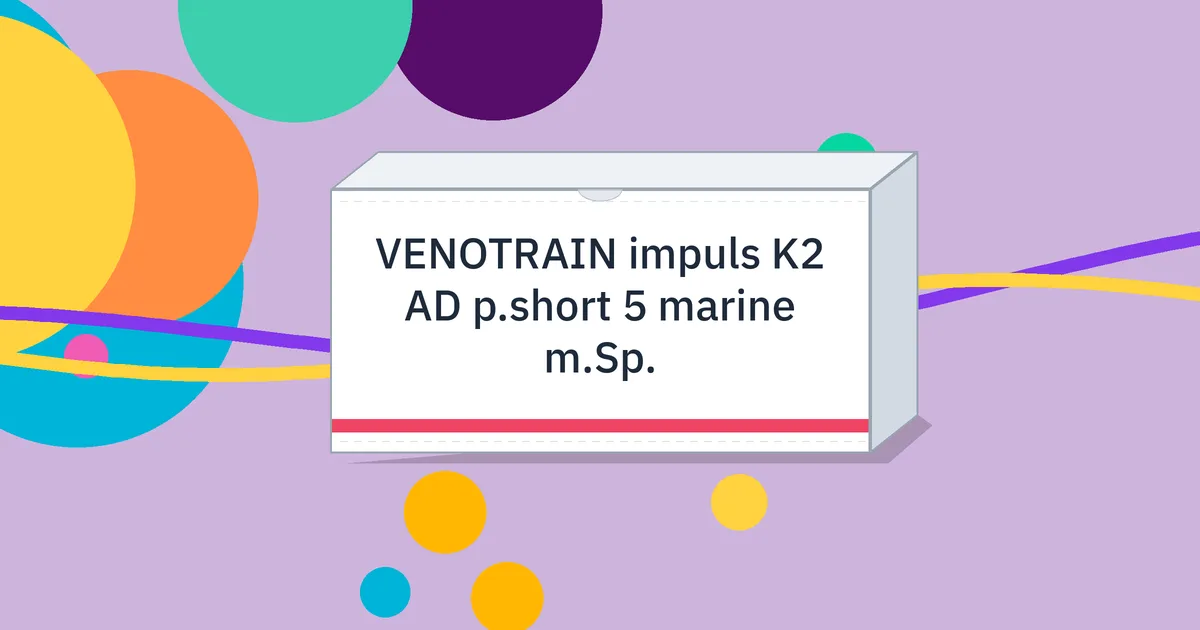 Symbolbild: Packung mit der Aufschrift VENOTRAIN impuls K2 AD p.short 5 marine m.Sp. (PZN 15221238) – Verfügbarkeit und Bezug in Apotheken in Frankfurt am Main