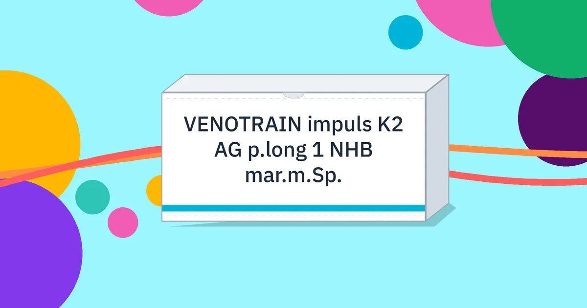 Symbolbild: Packung mit der Aufschrift VENOTRAIN impuls K2 AG p.long 1 NHB mar.m.Sp. (PZN 15214221) – Verfügbarkeit und Bezug in Apotheken in Frankfurt am Main