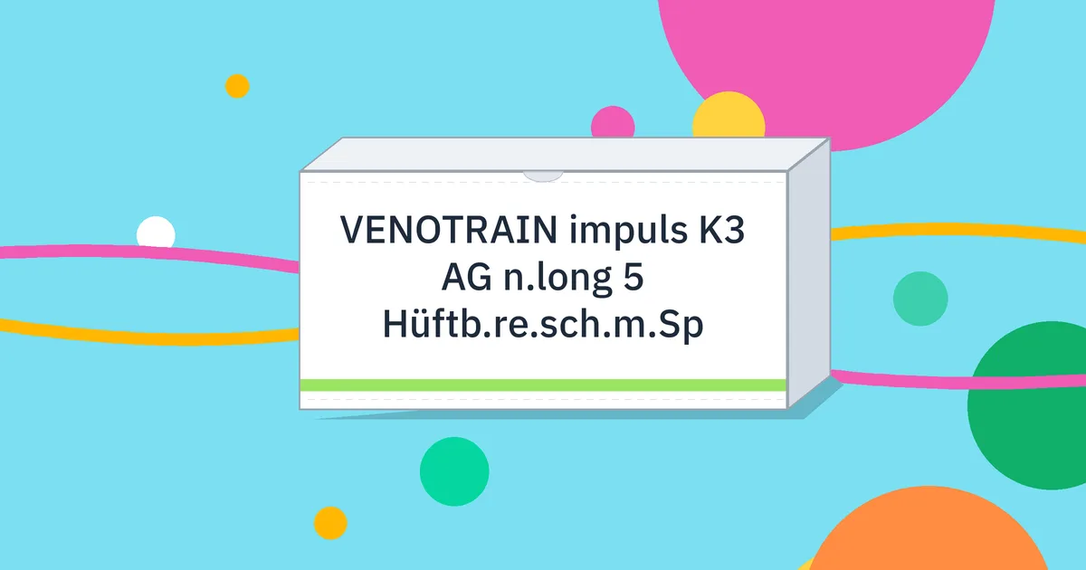 Symbolbild: Packung mit der Aufschrift VENOTRAIN impuls K3 AG n.long 5 Hüftb.re.sch.m.Sp (PZN 10293902) – Verfügbarkeit und Bezug in Apotheken in Frankfurt am Main