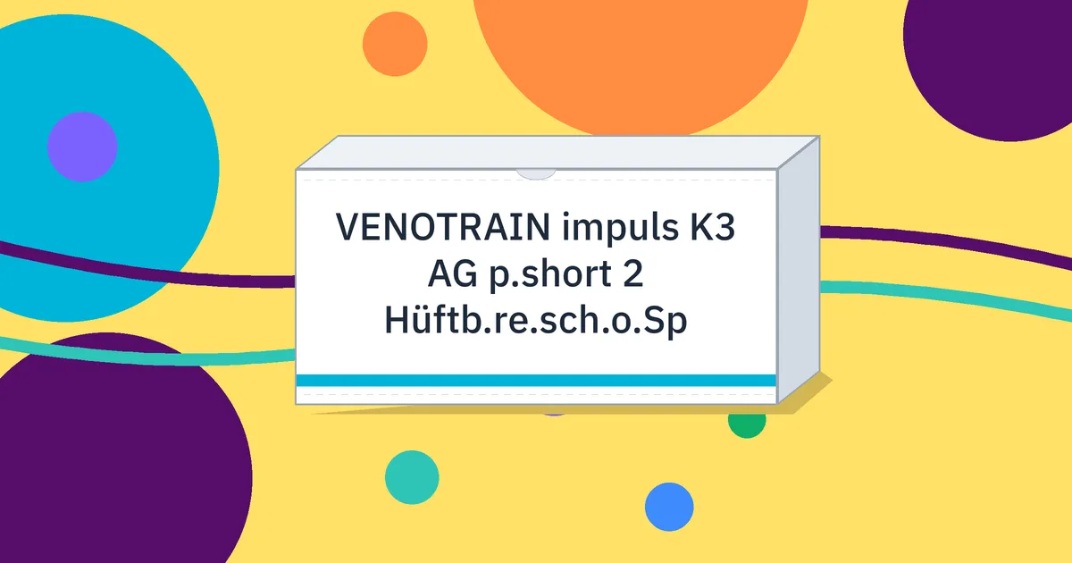 Symbolbild: Packung mit der Aufschrift VENOTRAIN impuls K3 AG p.short 2 Hüftb.re.sch.o.Sp (PZN 10294238) – Verfügbarkeit und Bezug in Apotheken in Frankfurt am Main