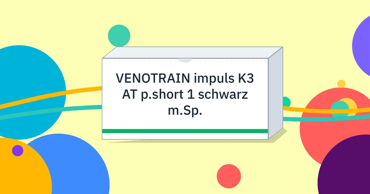 Symbolbild: Packung mit der Aufschrift VENOTRAIN impuls K3 AT p.short 1 schwarz m.Sp. (PZN 19356231) – Verfügbarkeit und Bezug in Apotheken in Frankfurt am Main