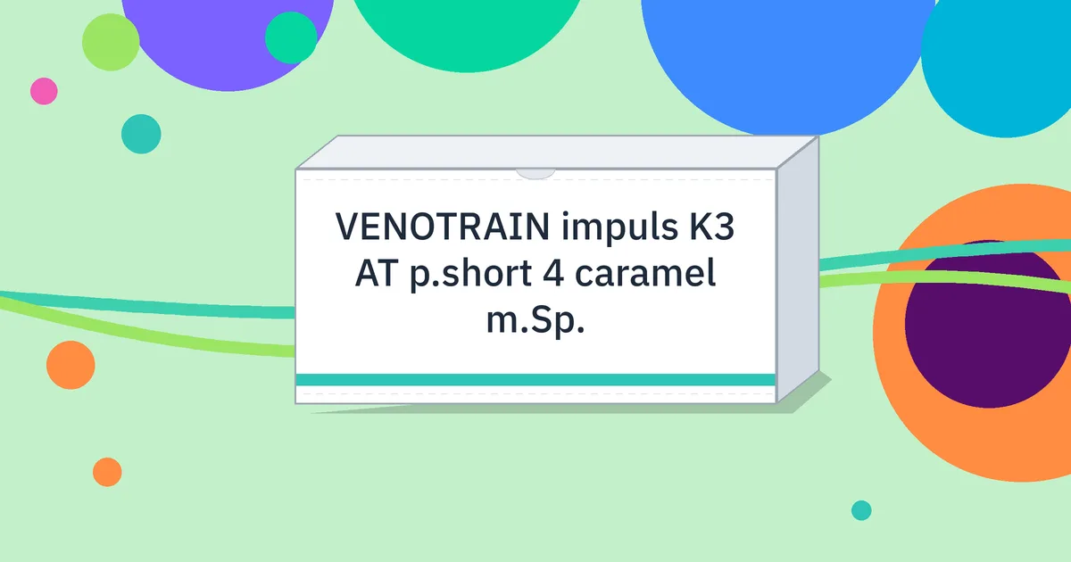 Symbolbild: Packung mit der Aufschrift VENOTRAIN impuls K3 AT p.short 4 caramel m.Sp. (PZN 19355042) – Verfügbarkeit und Bezug in Apotheken in Frankfurt am Main