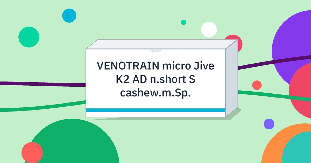 Symbolbild: Packung mit der Aufschrift VENOTRAIN micro Jive K2 AD n.short S cashew.m.Sp. (PZN 20768358) – Verfügbarkeit und Bezug in Apotheken in Frankfurt am Main