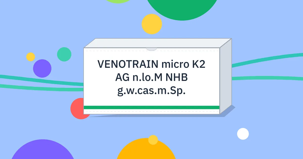 Symbolbild: Packung mit der Aufschrift VENOTRAIN micro K2 AG n.lo.M NHB g.w.cas.m.Sp. (PZN 20761617) – Verfügbarkeit und Bezug in Apotheken in Frankfurt am Main